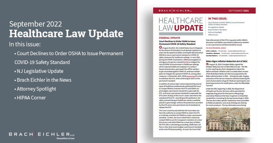 Healthcare Law Update – September 2022 | Brach Eichler