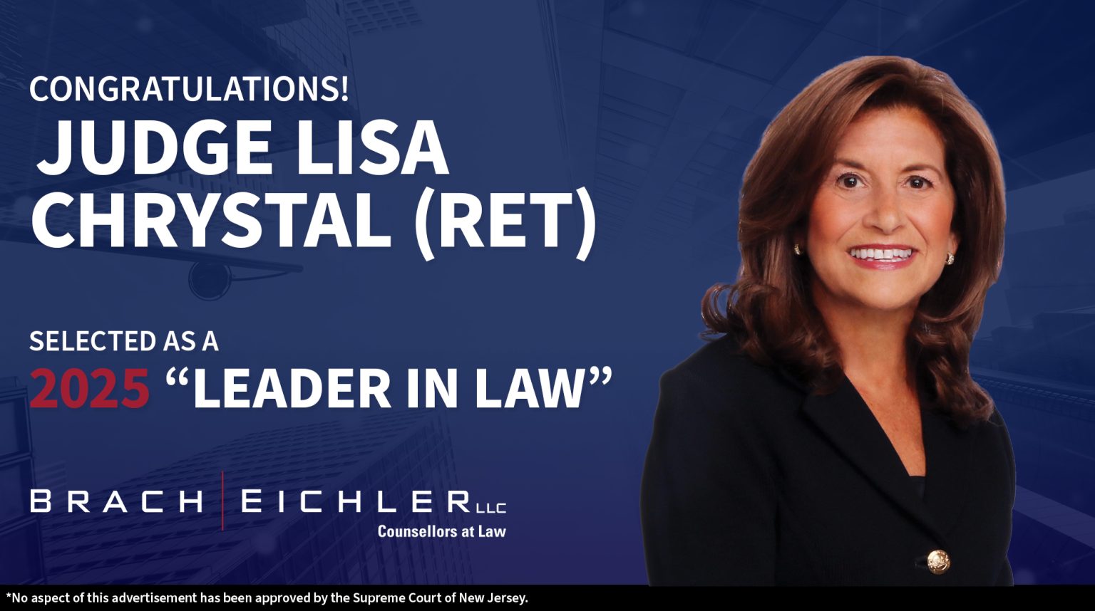 Honorable Lisa F. Chrystal Selected as a 2025 “Leader in Law” by NJBiz